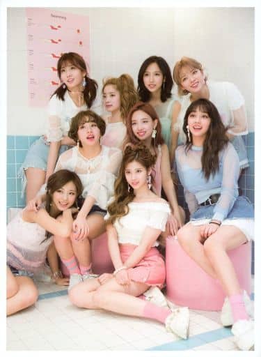 TWICE / Group (9 people) / Whole body, sitting, costume white, pink ...