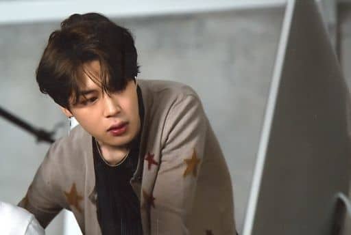 BTS / Jimin / horizontal, bust up, costume grey, black, both hands down, eye view right ...