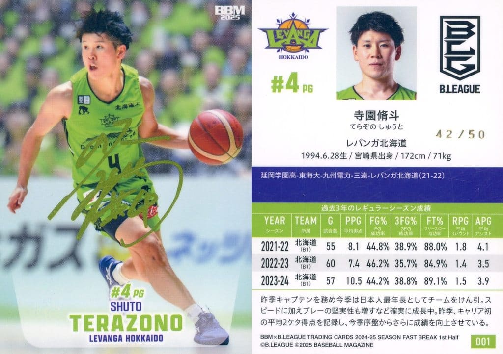 駿河屋 - 001[レギュラーカード]：寺園脩斗(金箔サイン版)(/50)（BBM）